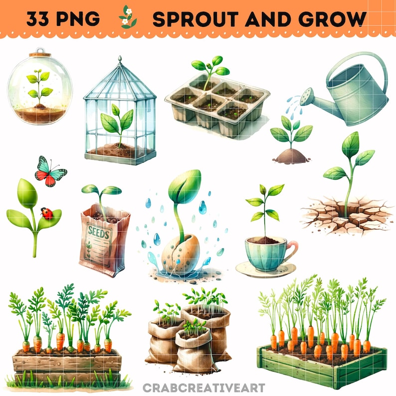 Watercolor Sprout & Grow Clipart - Potted Seedlings Clipart - Seedlings ...