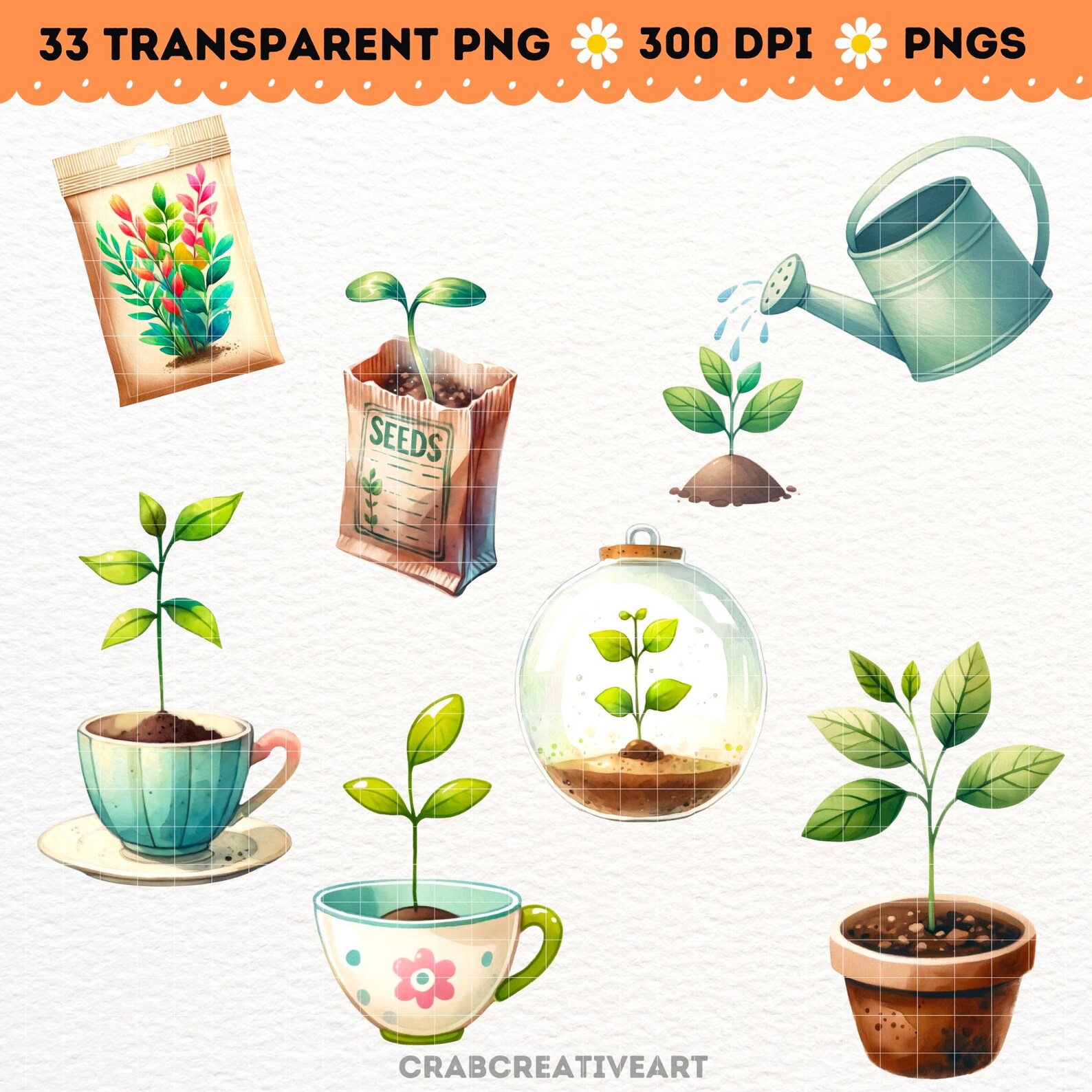 Watercolor Sprout & Grow Clipart - Potted Seedlings Clipart - Seedlings ...
