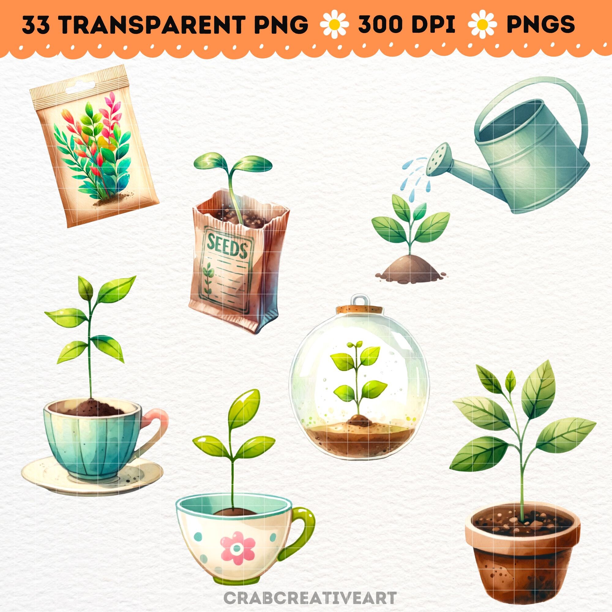 Watercolor Sprout & Grow Clipart - Potted Seedlings Clipart - Seedlings ...