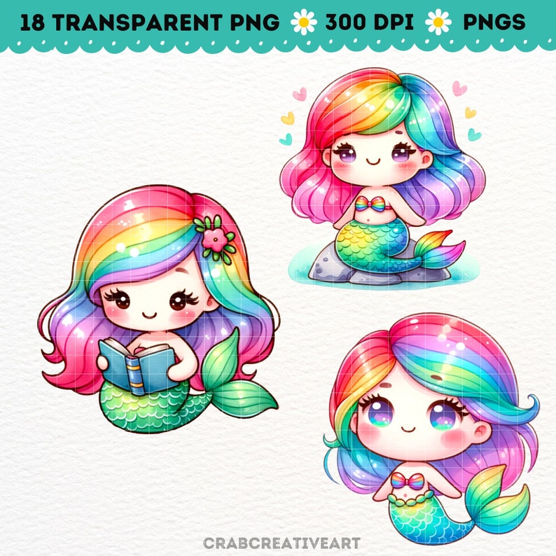 Mermaid Clipart, Rainbow Mermaid PNG, Printable Watercolor Clipart ...