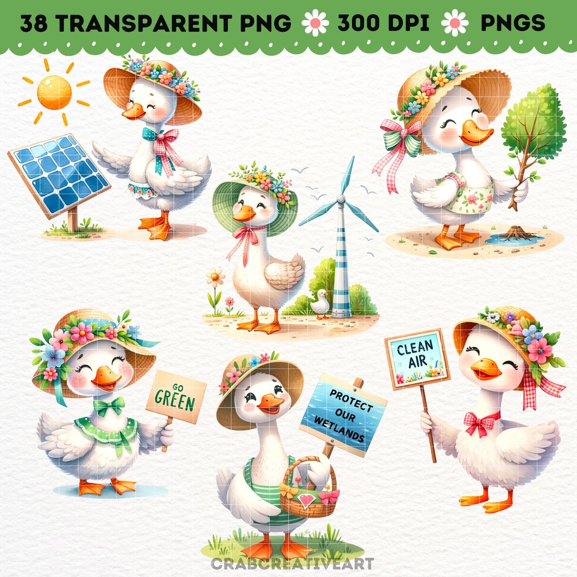 Eco Goose Clipart for Earth Day, Cute Geese Graphics, Watercolor Goose ...
