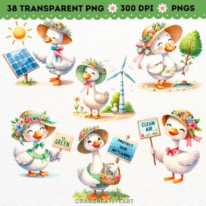 Eco Goose Clipart for Earth Day, Cute Geese Graphics, Watercolor Goose ...