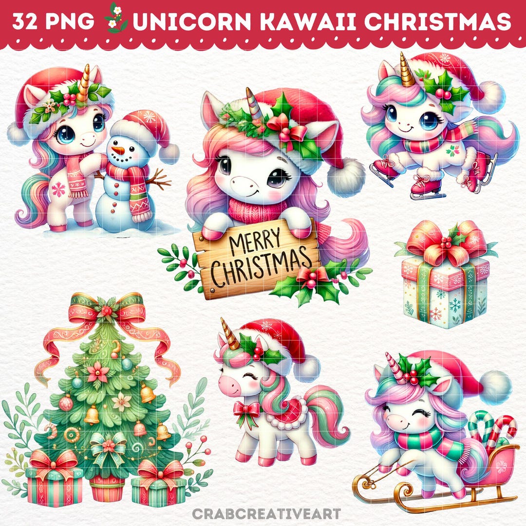 Kawaii Christmas Unicorns PNG - Cute Christmas Unicorns Clipart - Cute Unicorn Christmas Graphic ...