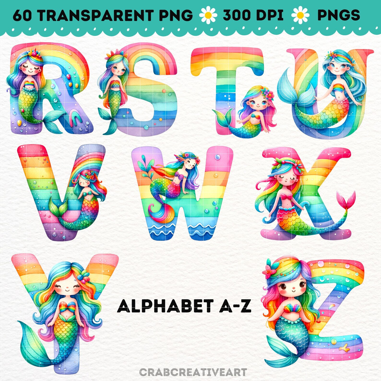 Mermaid Alphabet Clipart - Mermaid PNG - Rainbow Mermaid Clipart ...