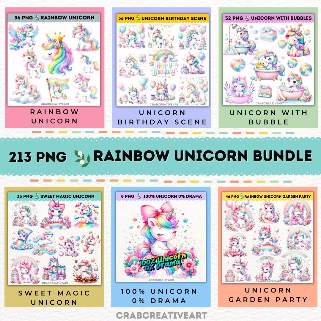 Rainbow Unicorn Bundle Clipart - Cute Unicorn PNG - Unicorn Birthday ...