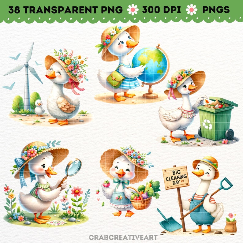 Eco Goose Clipart for Earth Day, Cute Geese Graphics, Watercolor Goose ...