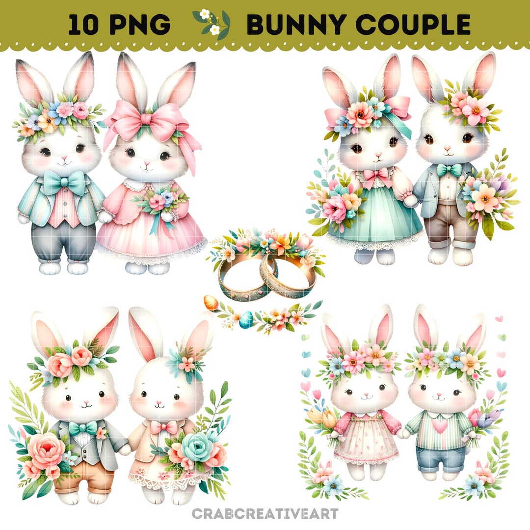 Easter Bunny Couple Decor and Spring Floral Wedding Clipart, Couple ...