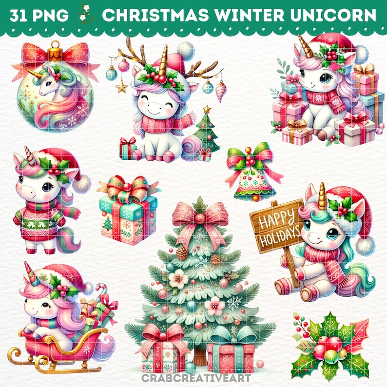 Baby Christmas Unicorn Clipart - Winter Unicorn Clipart - Rainbow ...