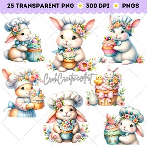 Cute Easter Bunny Clipart, Watercolor Decorations With Cake Cupcake ...