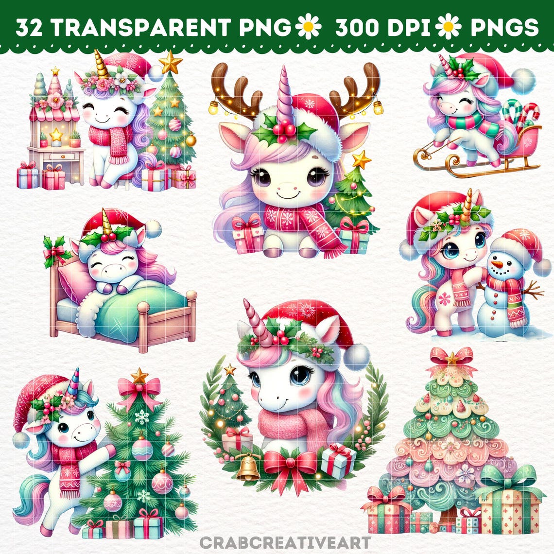 Kawaii Christmas Unicorns PNG - Cute Christmas Unicorns Clipart - Cute ...