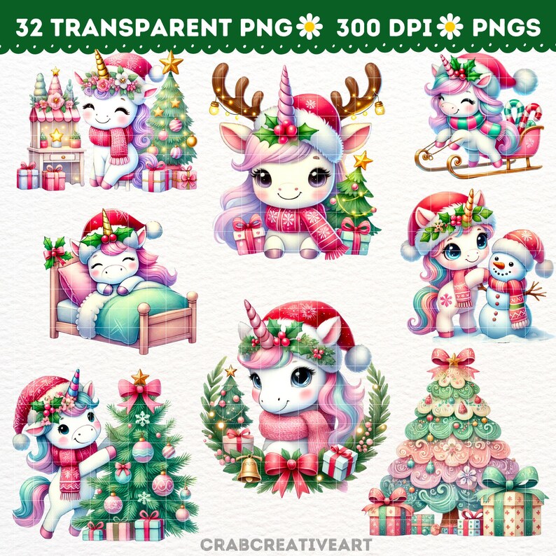 Kawaii Christmas Unicorns PNG - Cute Christmas Unicorns Clipart - Cute ...