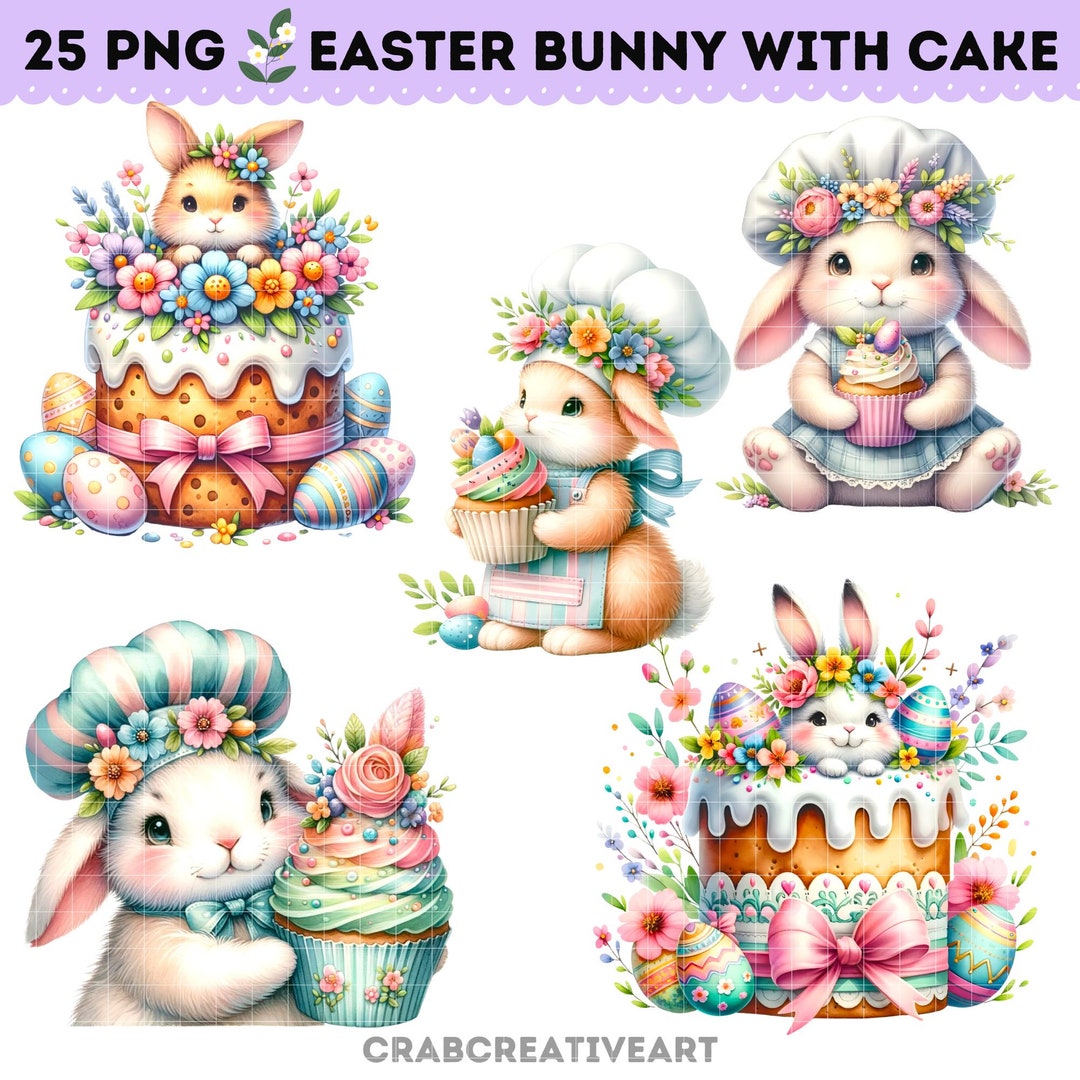 Cute Easter Bunny Clipart, Watercolor Decorations With Cake Cupcake ...