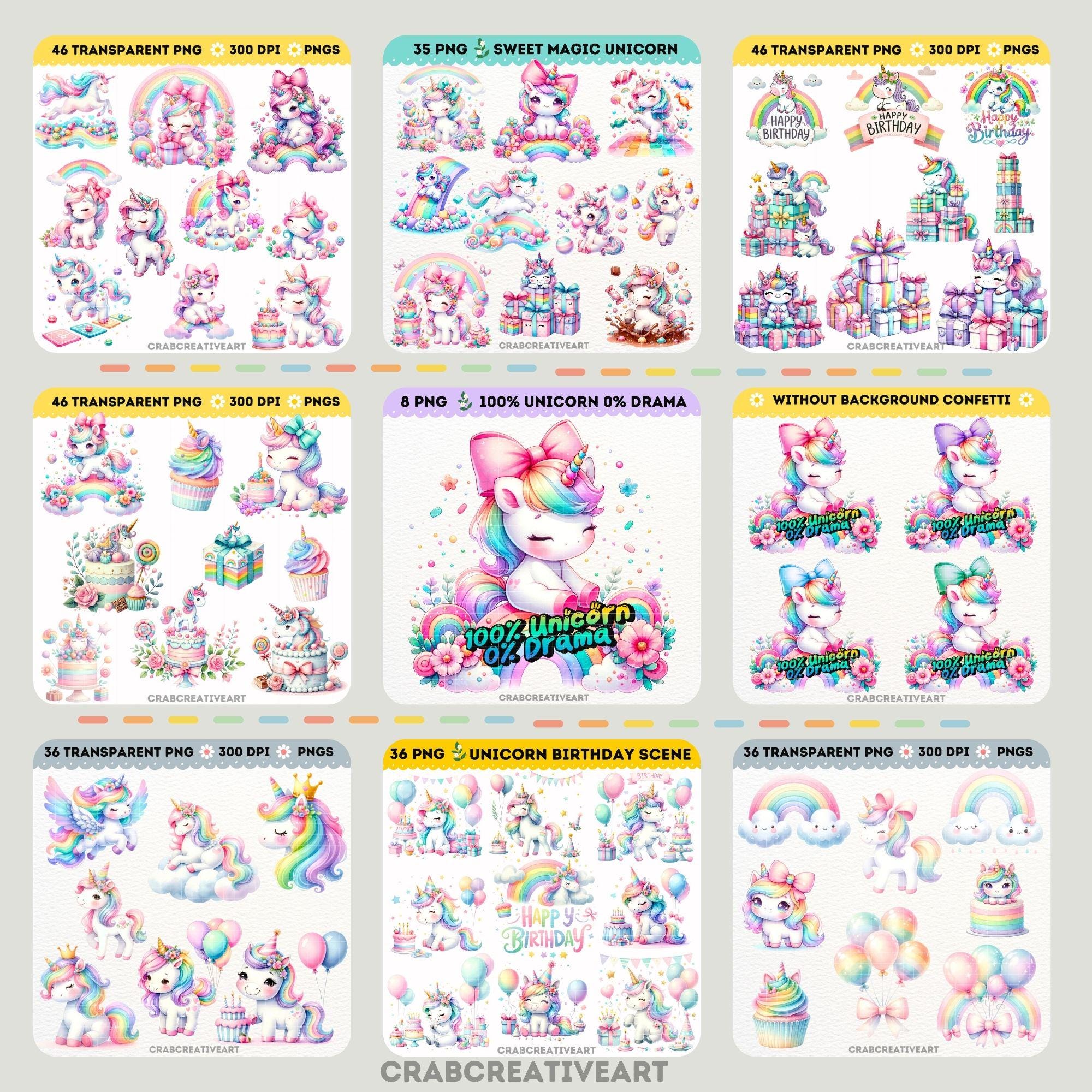 Rainbow Unicorn Bundle Clipart - Cute Unicorn PNG - Unicorn Birthday ...