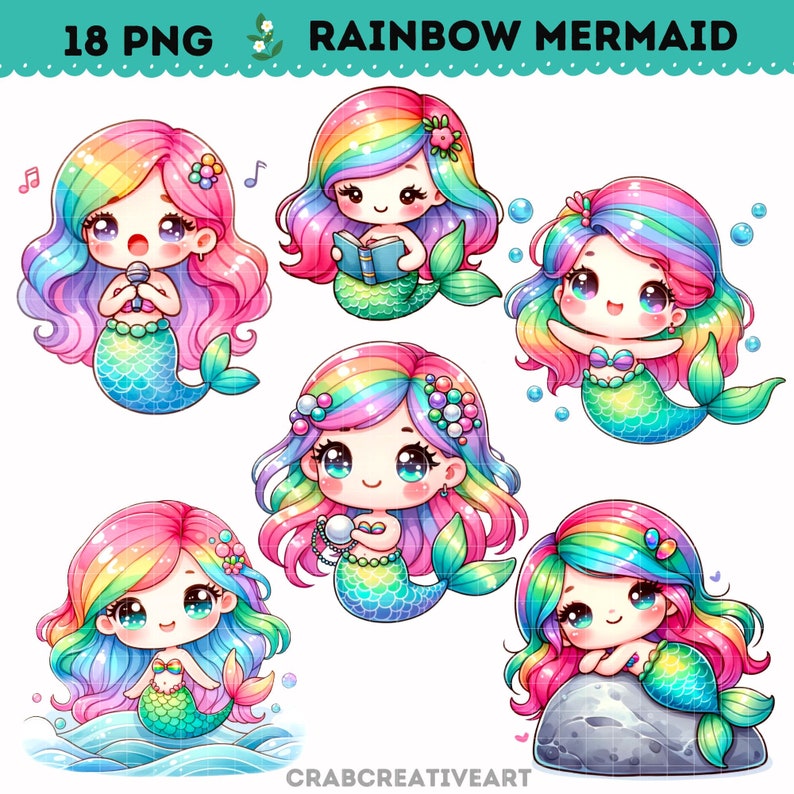 Mermaid Clipart, Rainbow Mermaid PNG, Printable Watercolor Clipart ...