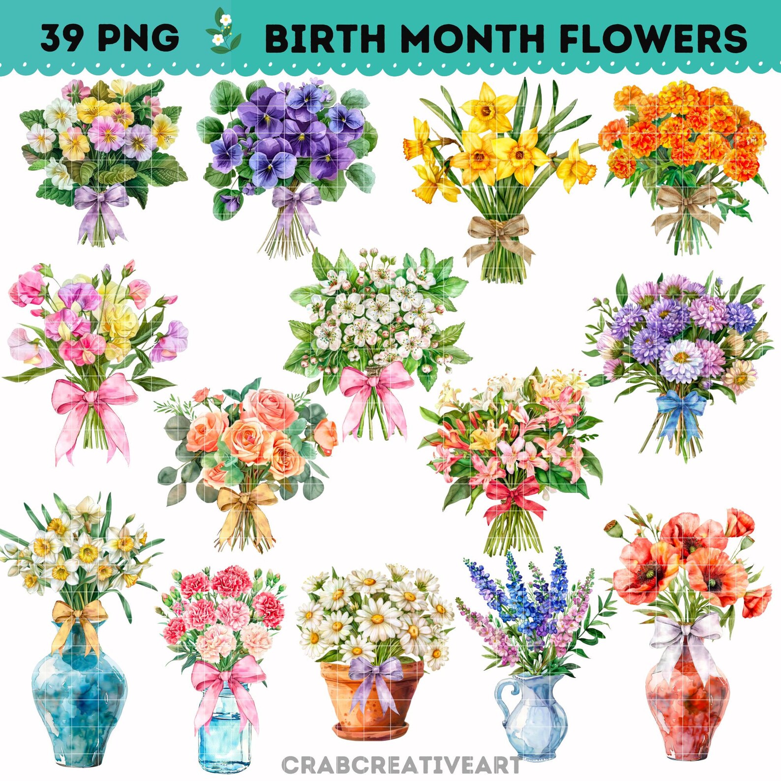 Birth Month Flower Clipart, Watercolor Birth Month Flower, Watercolor ...