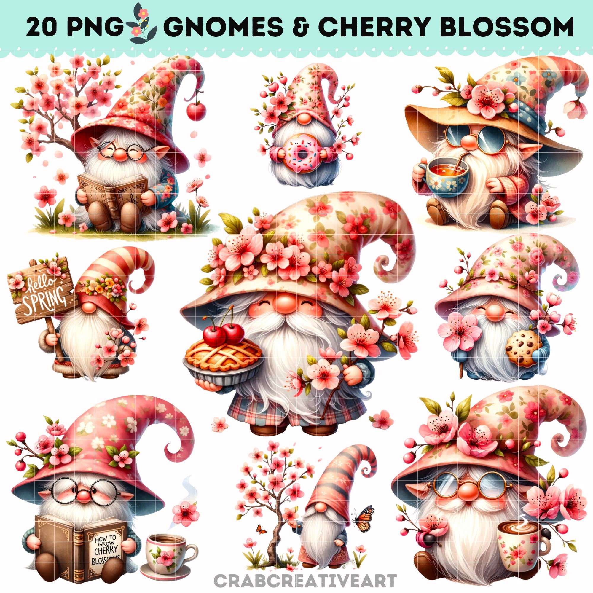 Spring Gnomes Clipart, Cherry Blossom PNG, Nursery Art, Spring Craft ...
