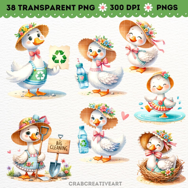Eco Goose Clipart for Earth Day, Cute Geese Graphics, Watercolor Goose ...