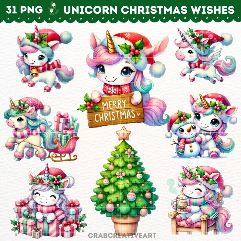 Christmas Unicorn Clipart, Cute Unicorn PNG, Unicorn Christmas Party ...