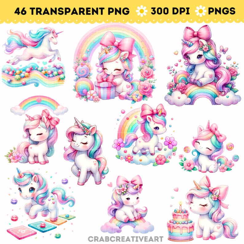 Floral Rainbow Unicorn Clipart - Pastel Baby Unicorns - Watercolor Baby ...
