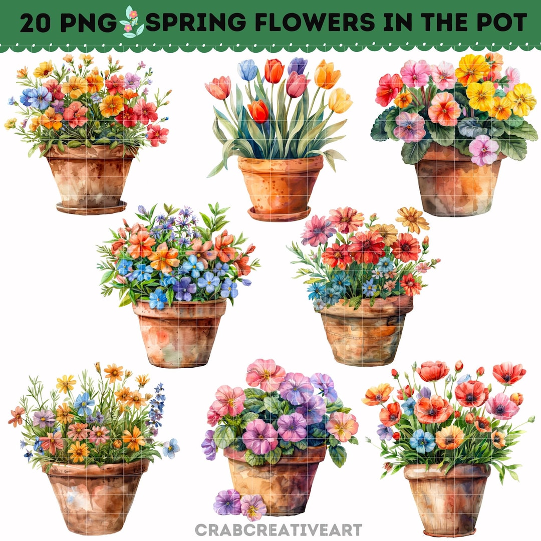 Spring Flowers in the Pot Clipart, Spring Flower Pot Illustration ...