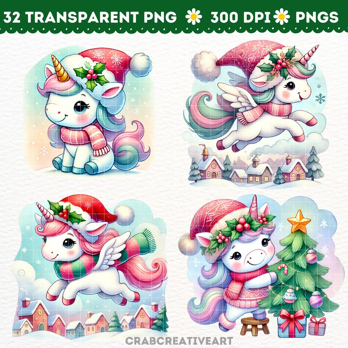 Kawaii Christmas Unicorns PNG - Cute Christmas Unicorns Clipart - Cute ...
