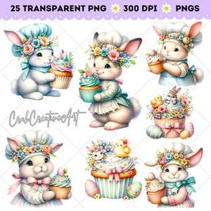 Cute Easter Bunny Clipart, Watercolor Decorations With Cake Cupcake ...