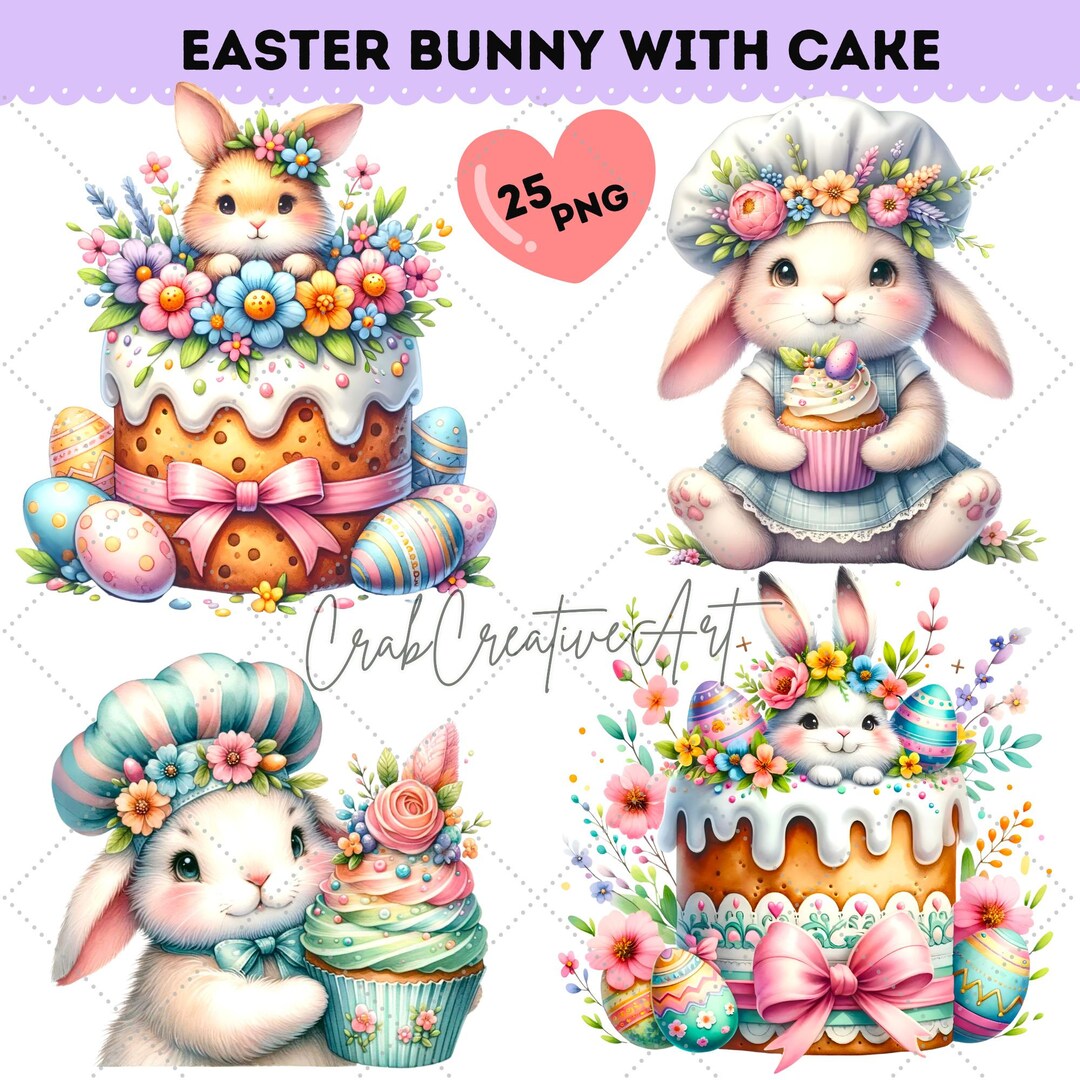 Cute Easter Bunny Clipart, Watercolor Decorations With Cake Cupcake ...