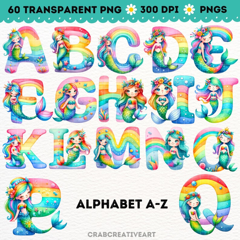 Mermaid Alphabet Clipart - Mermaid PNG - Rainbow Mermaid Clipart ...