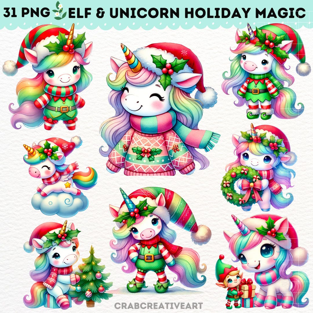 Elf & Rainbow Unicorn Holiday Magic Clipart - Cute Magical Unicorn ...