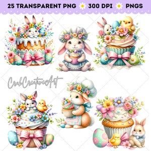 Cute Easter Bunny Clipart, Watercolor Decorations With Cake Cupcake ...