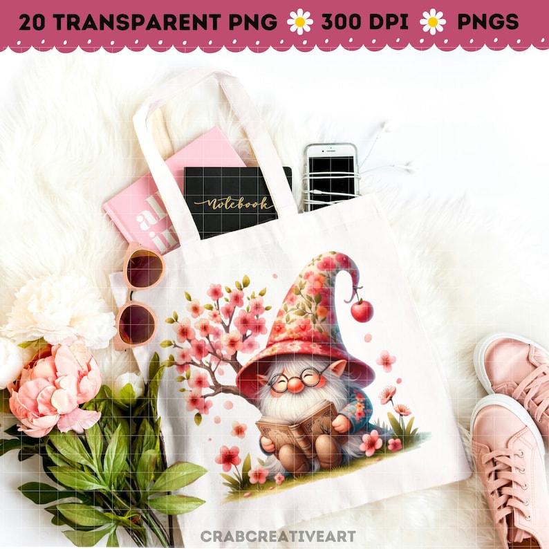 Spring Gnomes Clipart, Cherry Blossom PNG, Nursery Art, Spring Craft ...