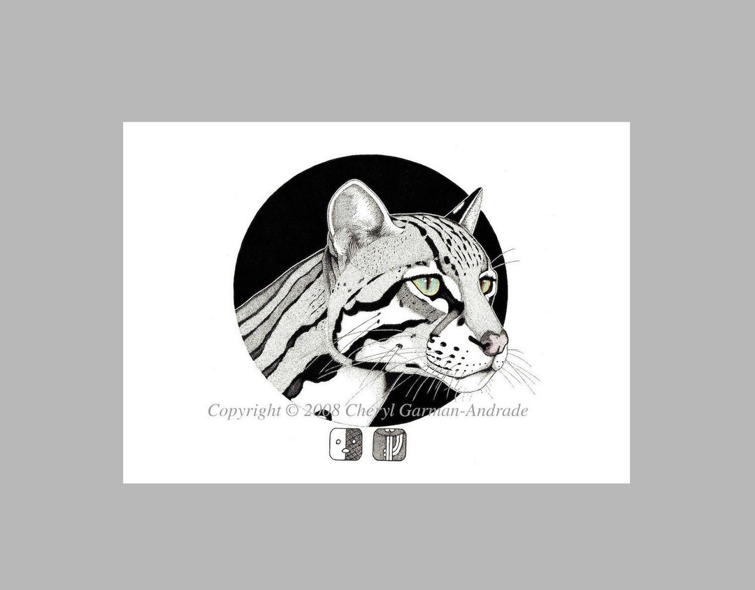 Ocelot & Mayan Symbols Pen and Ink Pointillism Art Print by - Etsy