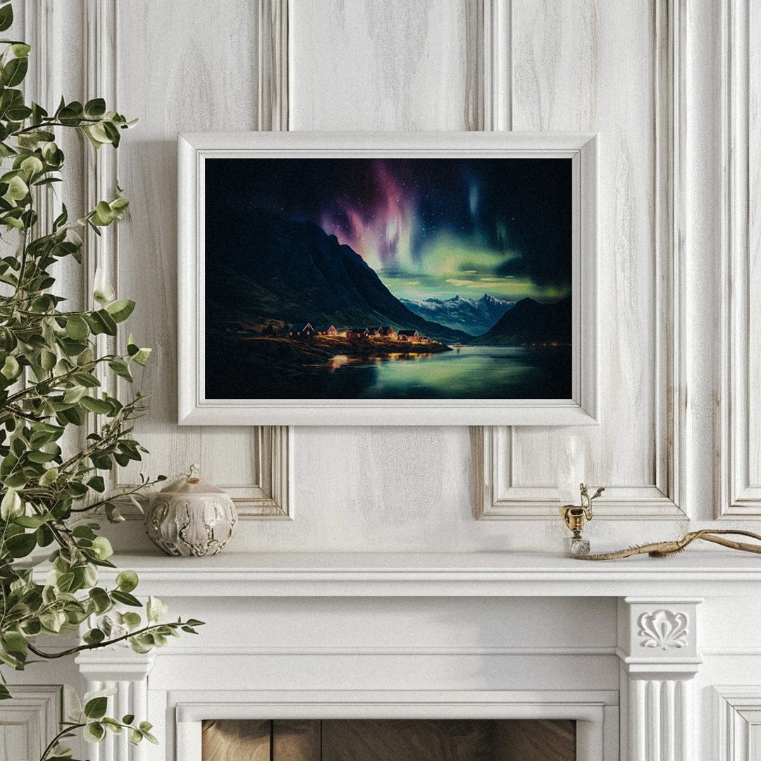 Northern Lights Print- Lakeside Atmospheric Landscape With Aurora ...