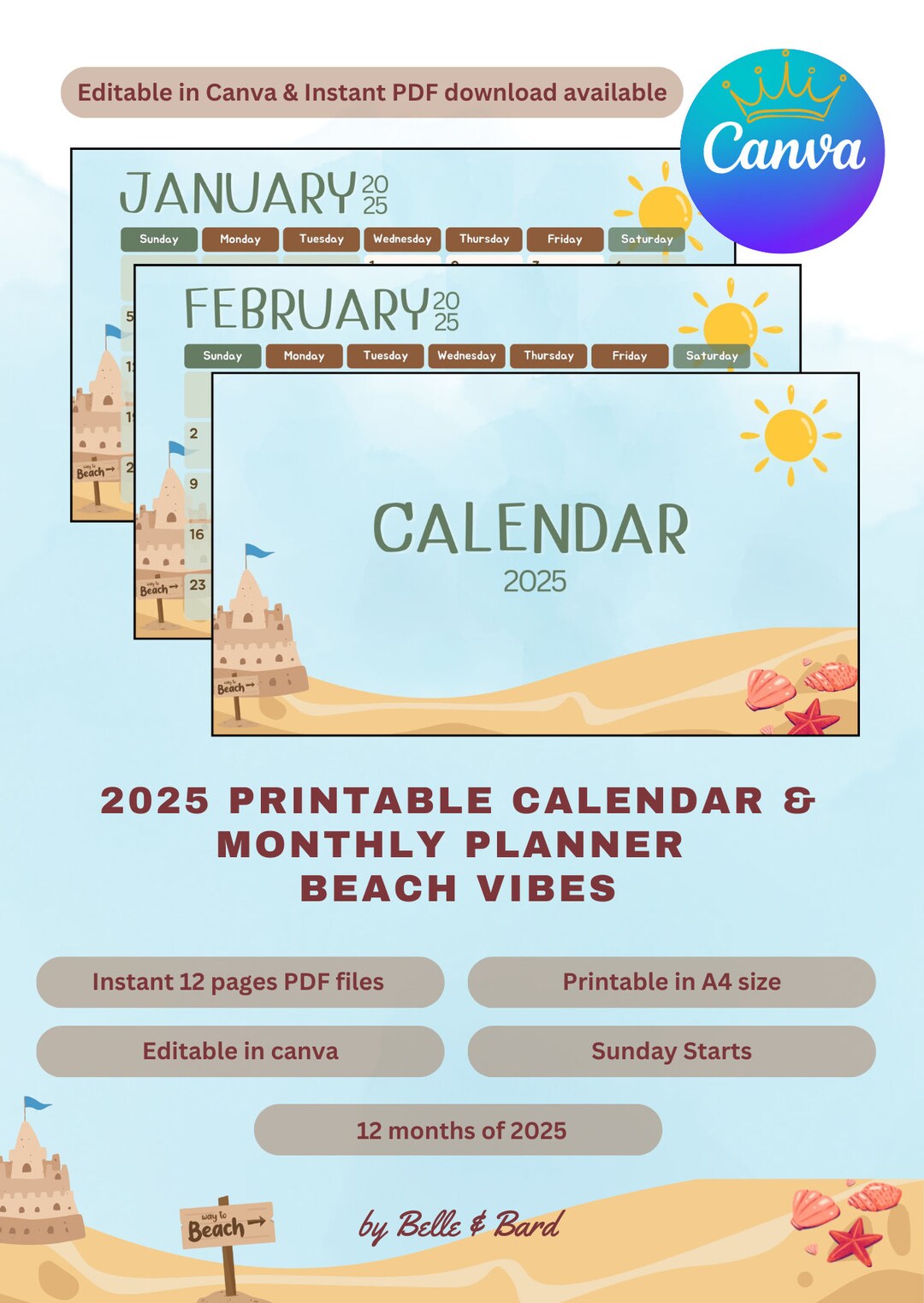 2025 Monthly Calendar & Planner - Beach Theme Calendar and Planner With ...