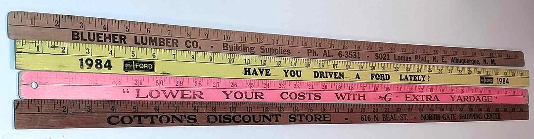 4 Advertising Wooden Yardsticks Pink Yellow Vintage Ford Cotton's Giant ...