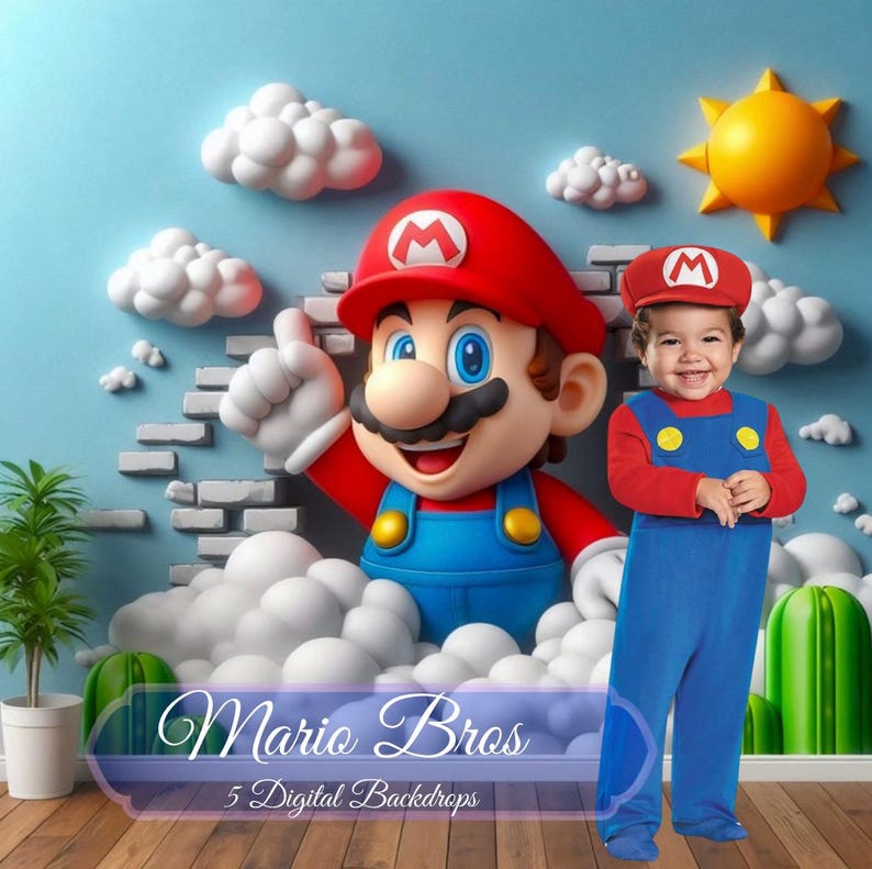 Mario Bros Digital Backdrop Sitting up First Birthday Boy Composite ...