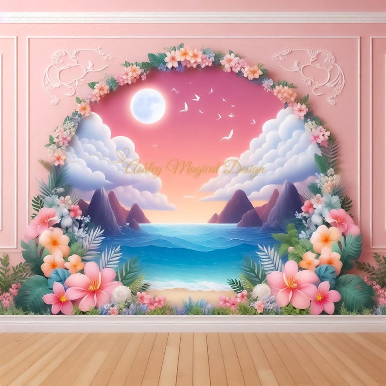 Inspired by Moana Digital Backdrop, Sitting up First Birthday Girl ...