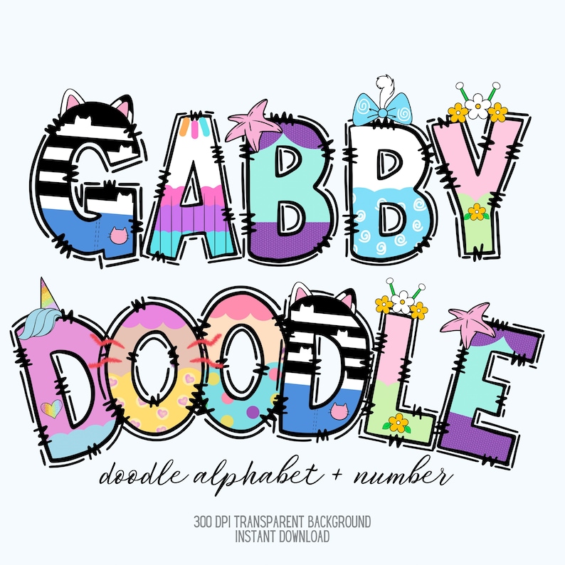 Gabby Dollhouse Doodle Alphabet | Cute Gabby Cat Alphabet PNG | Gabby ...