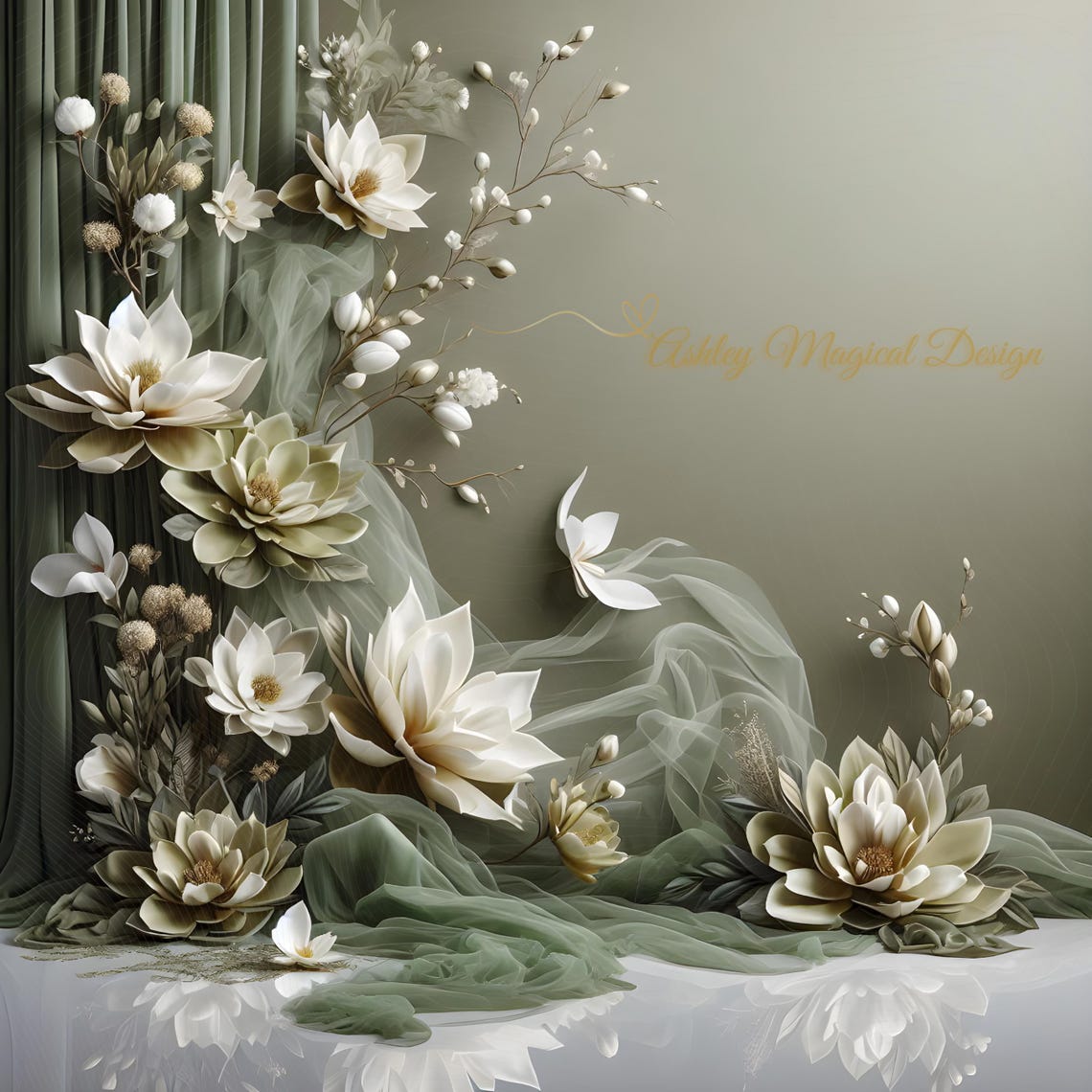Olive Green Flower Dream Floral Digital Background Maternity Overlays ...