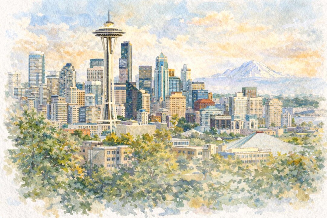 Seattle Watercolor Print, Seattle Skyline Art, Space Needle & Mount ...