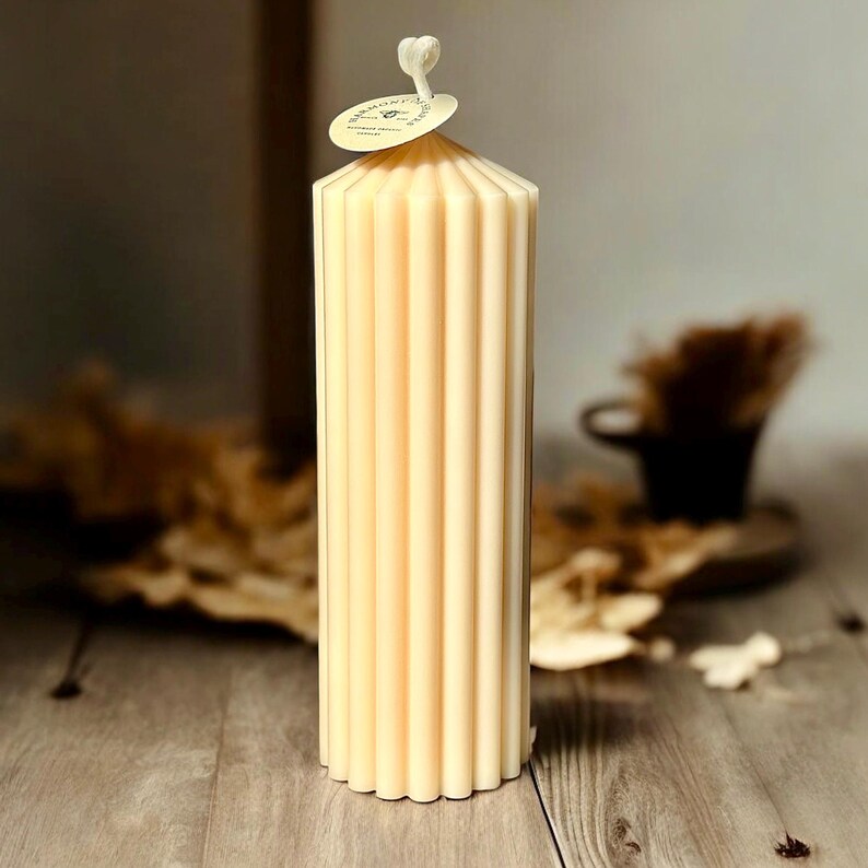 Huge Pillar Ribbed Candle, Organic Tall Pillar Candle, Large Striped ...