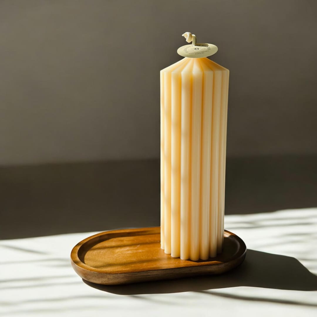 Huge Pillar Ribbed Candle, Organic Tall Pillar Candle, Large Striped ...