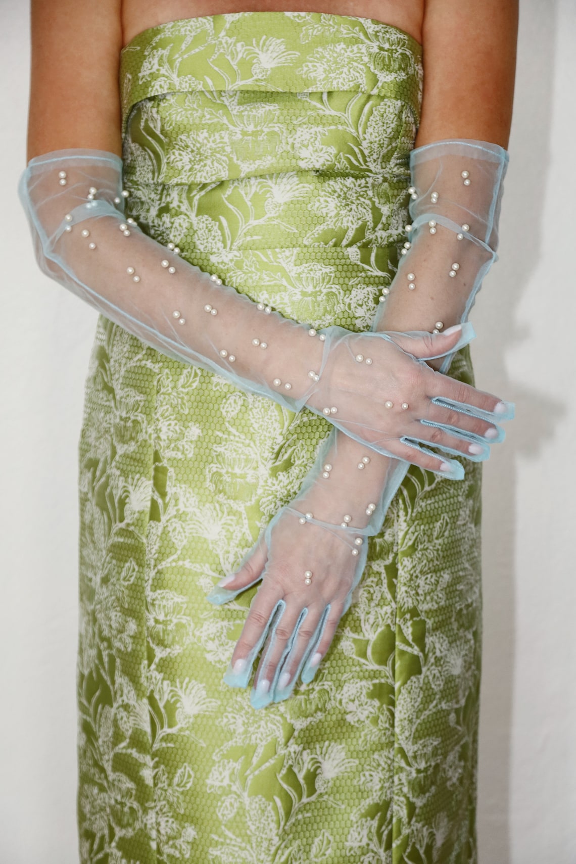 Light Blue Long Gloves White Pearls Opera Sheer Gloves Tulle Gloves ...
