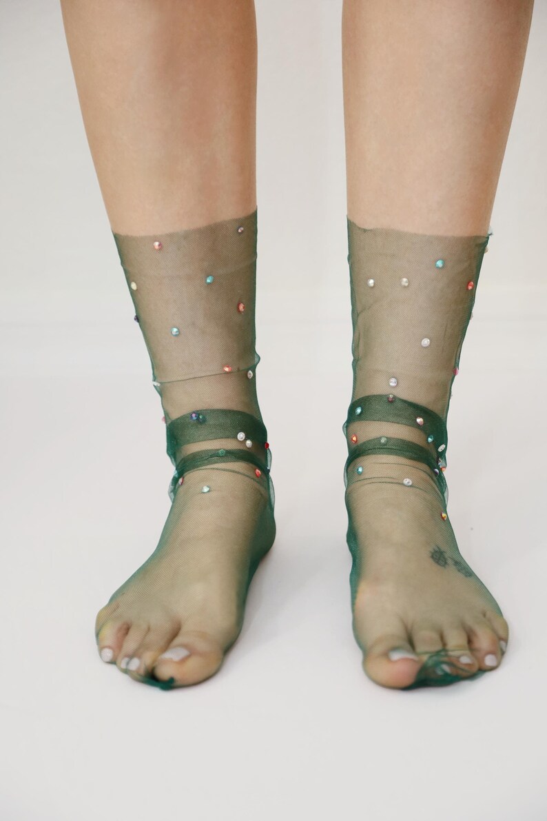 Green Tulle Socks Crystals Sheer Socks Green Tulle Rhinestones Socks ...