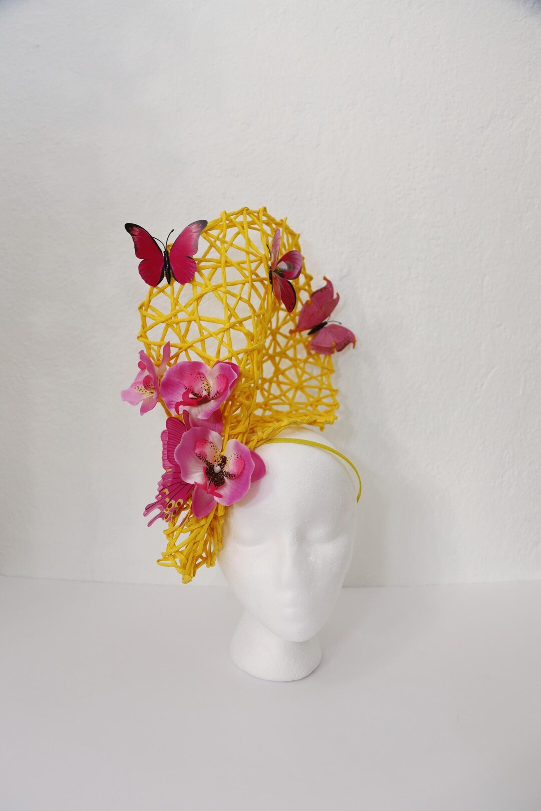 Yellow Kentucky Derby Fascinator Pink Flowers Wedding Guest Hat Pink ...