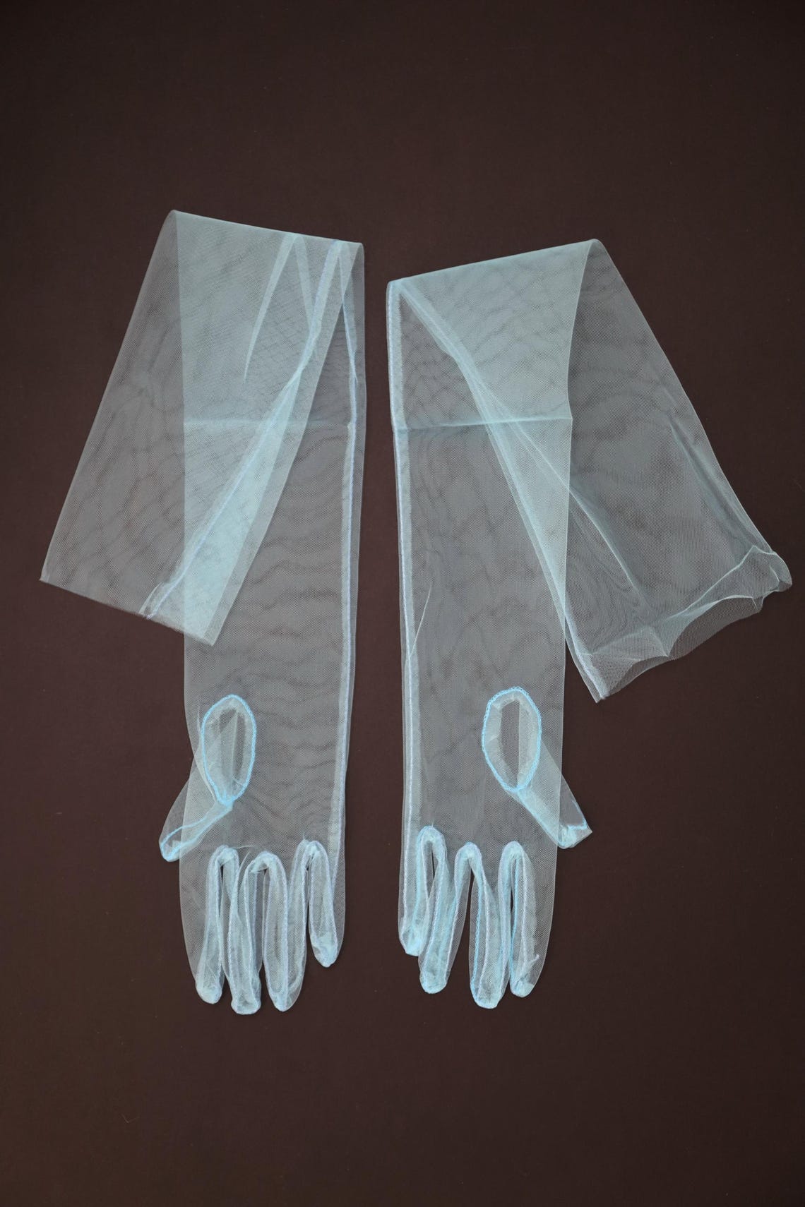 Long Light Blue Gloves Sheer Tulle Gloves Ultra Thin Stretchy Full ...