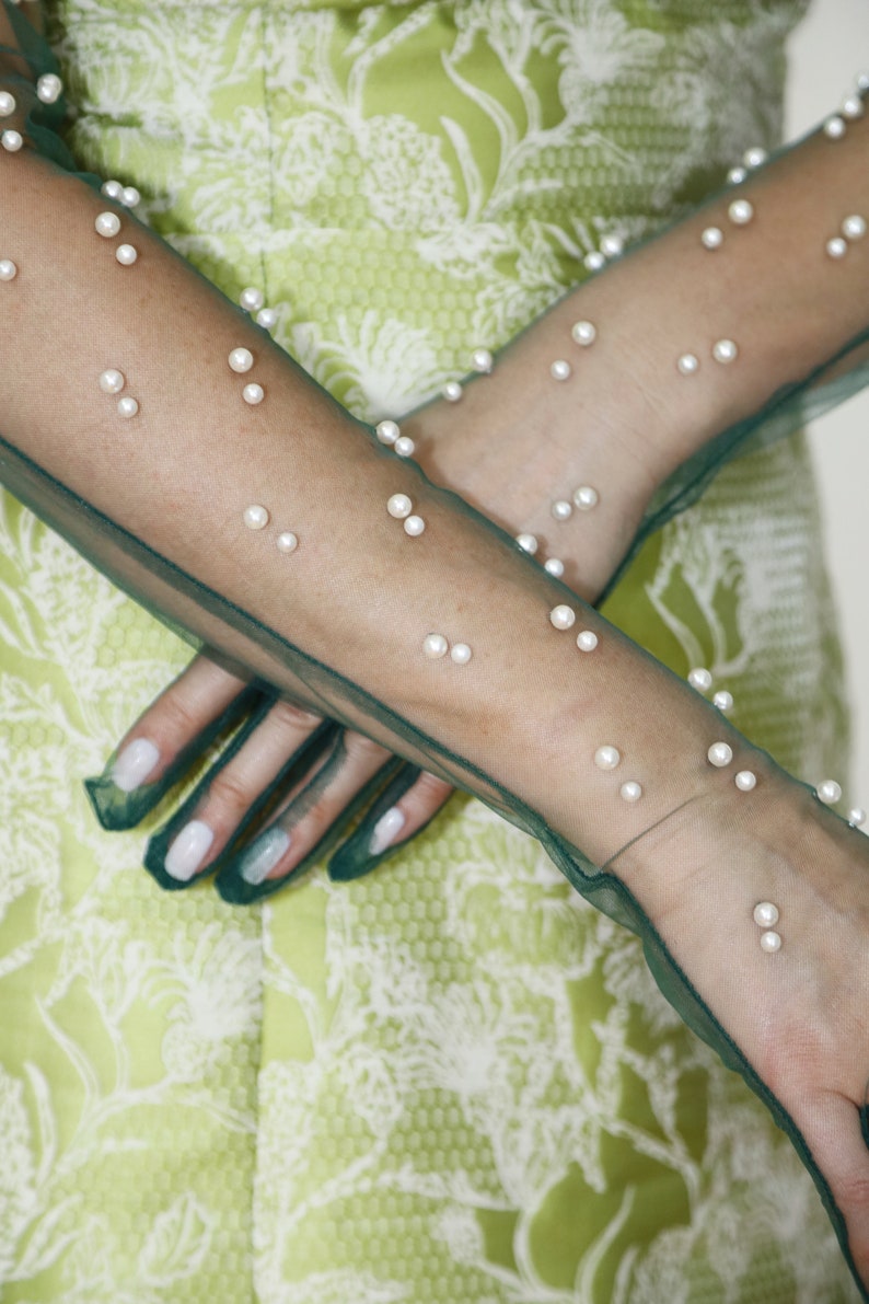 Green Long Gloves White Pearls Opera Sheer Gloves Tulle Gloves Green ...