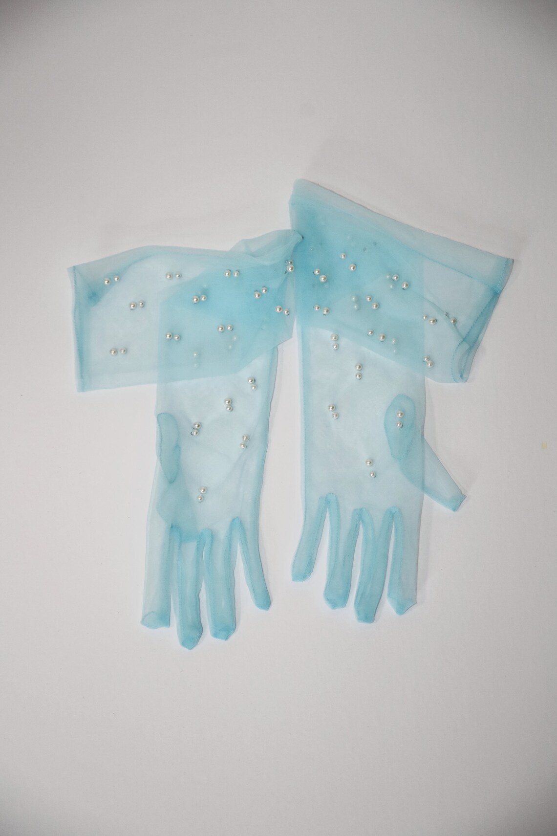 Light Blue Long Gloves White Pearls Opera Sheer Gloves Tulle Gloves ...