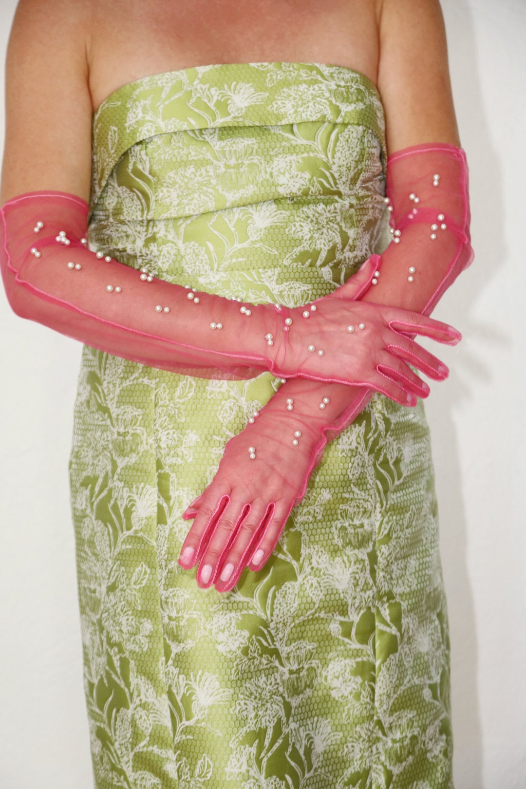 Rose Long Gloves White Pearls Opera Sheer Gloves Tulle Gloves Hot Pink ...