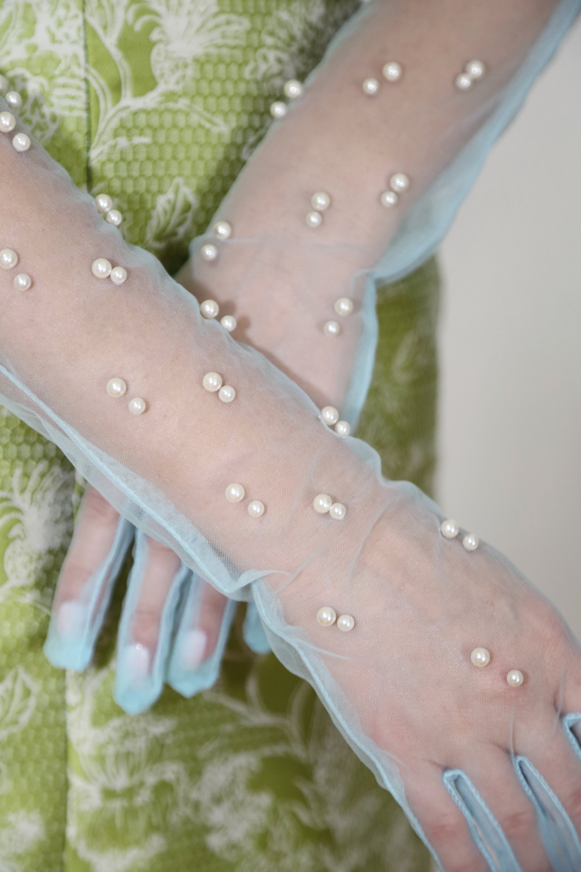 Light Blue Long Gloves White Pearls Opera Sheer Gloves Tulle Gloves ...